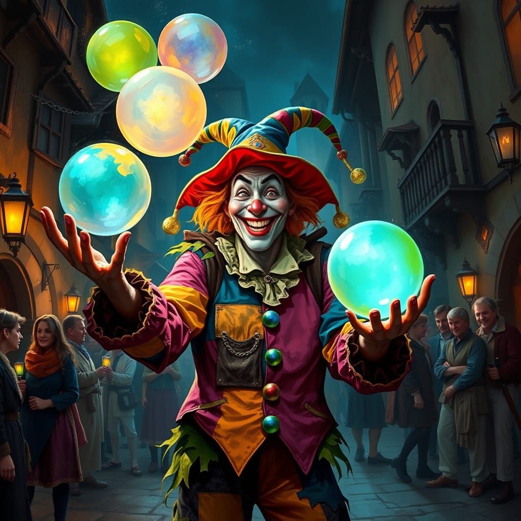 Medieval Jester Juggles Iridescent Balls in Lively... - AI Art