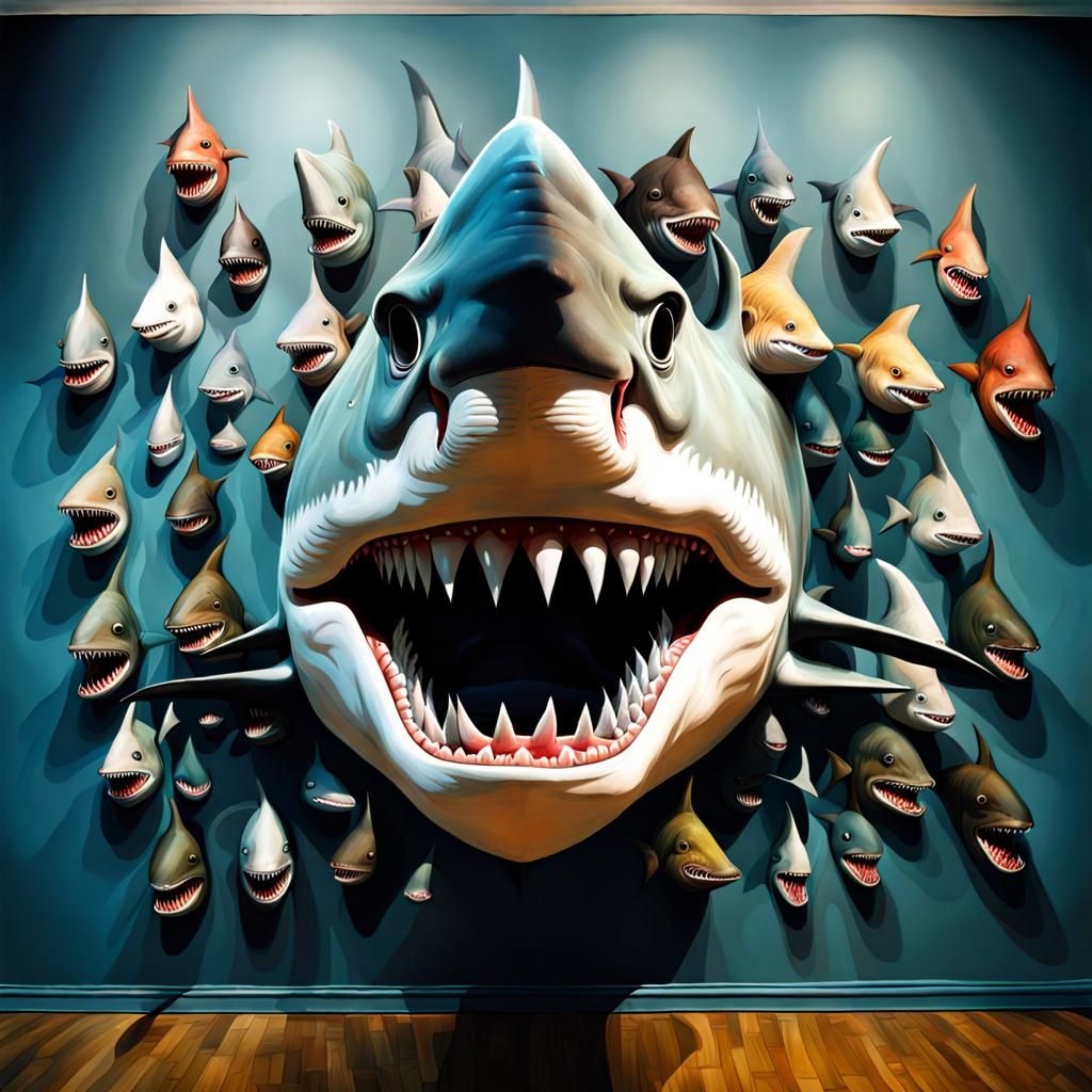Surreal absurd fantastical unimaginable shark head exhibition - AI ...