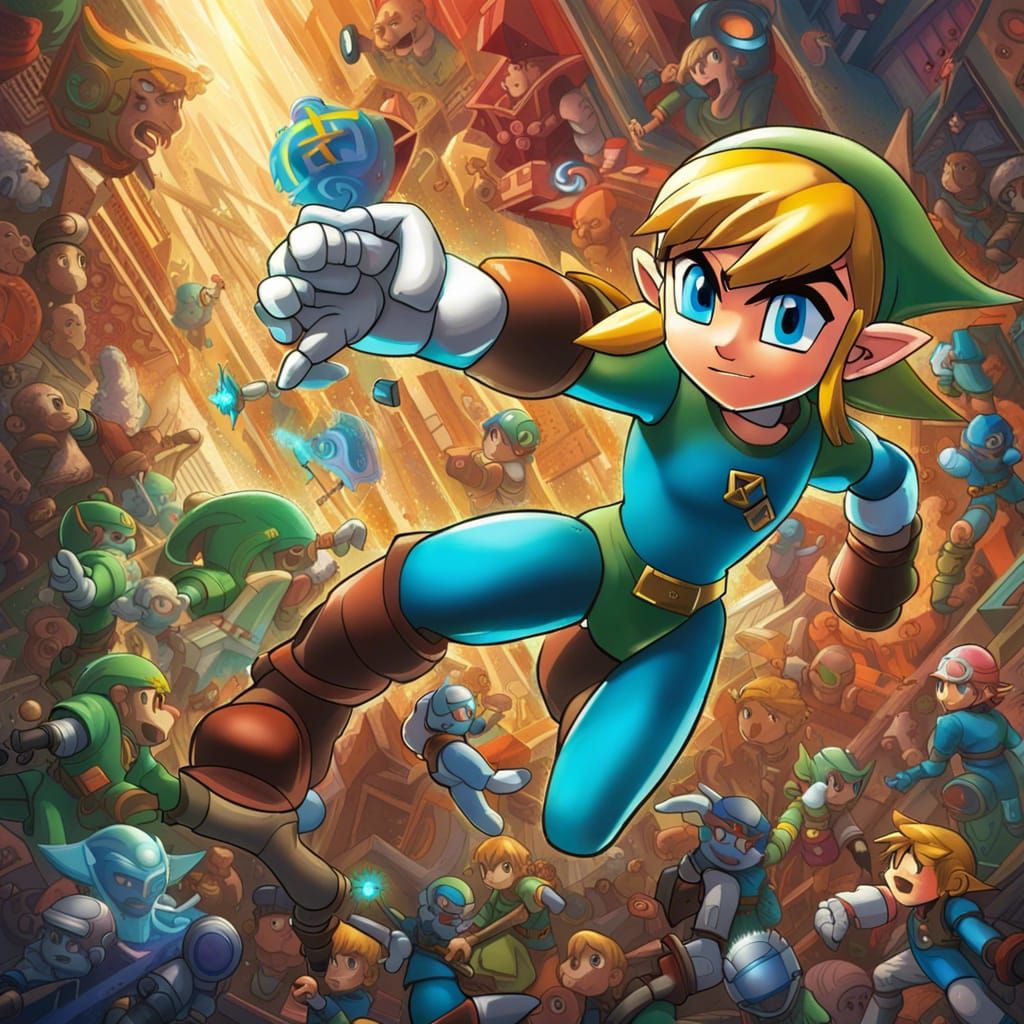 Link flying with a megaman hiding in the background - AI Generated ...