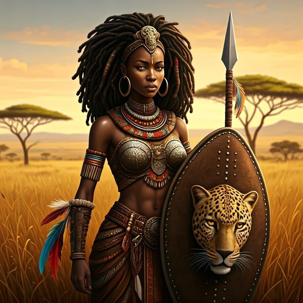 African Warrior Princess with Intricate Dreadlocks... - AI Art