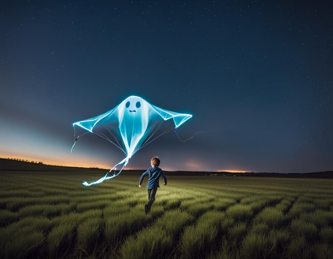 A child runs through a field pulling a glowing bioluminescent ghost ...