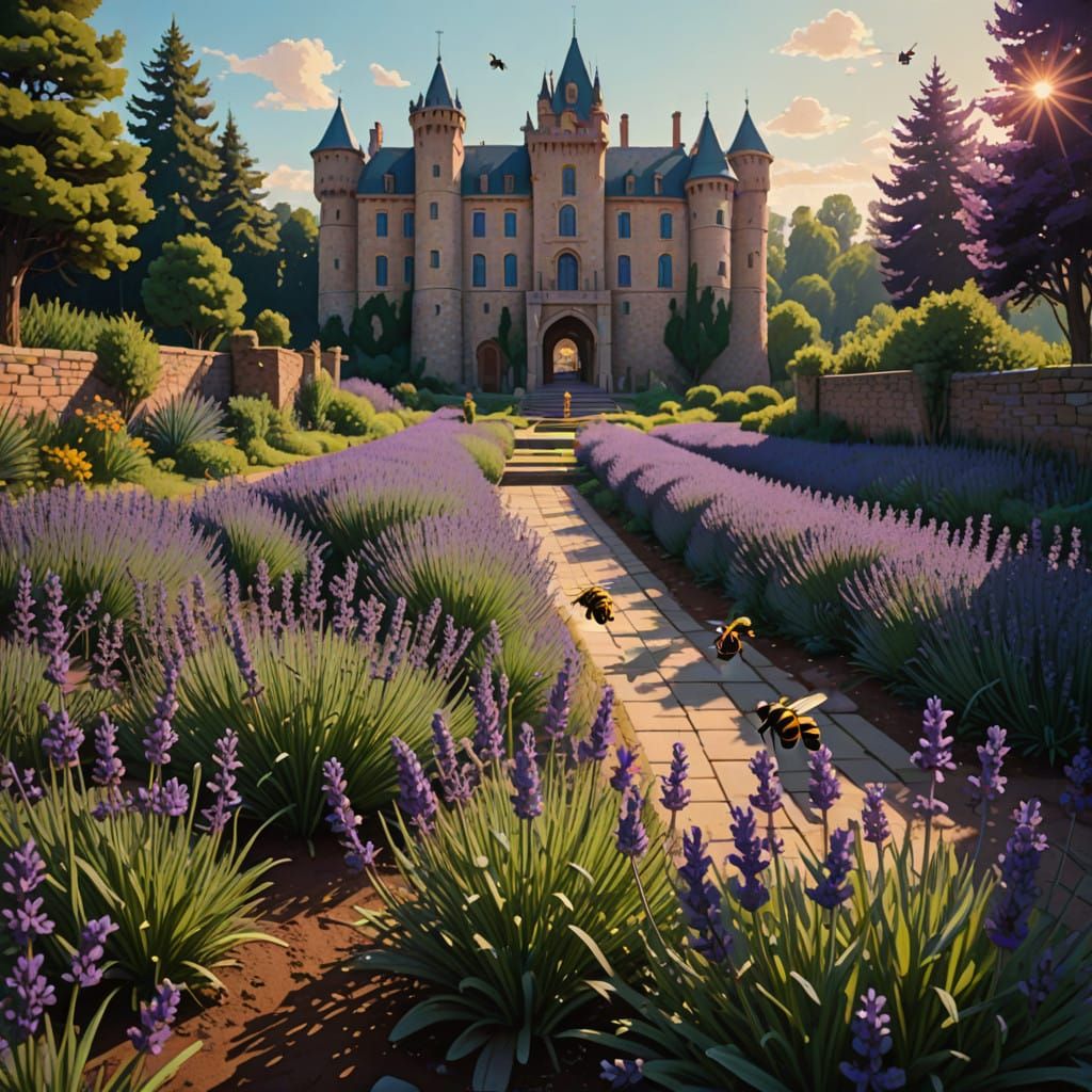 Vibrant Castle Garden with Lavender Maze and Giant... - AI Art