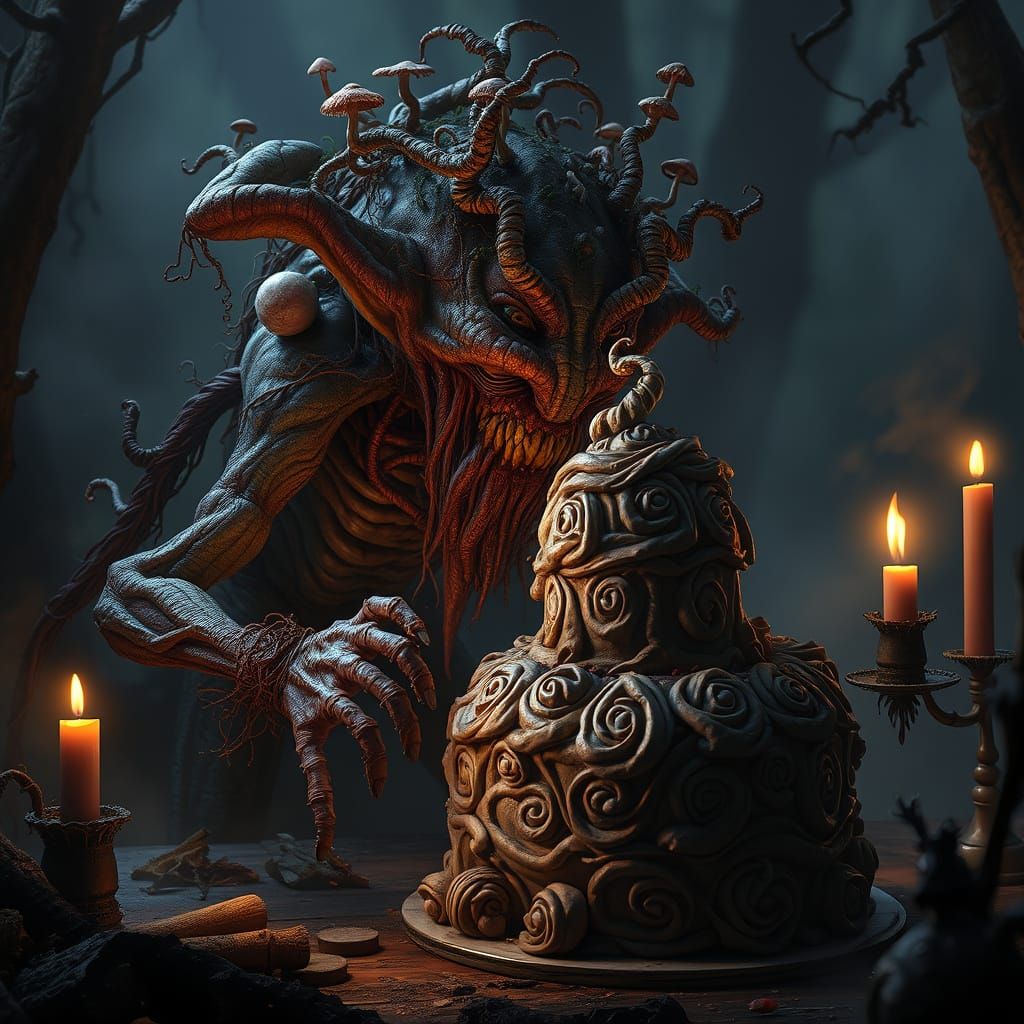 Grotesque Swamp Goblin Crafts Dark Magic Cake - AI Art