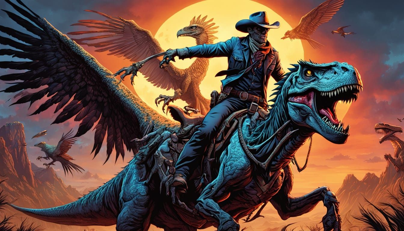 Zombie Cowboy Rides Winged T-Rex in Comic Style - AI Art