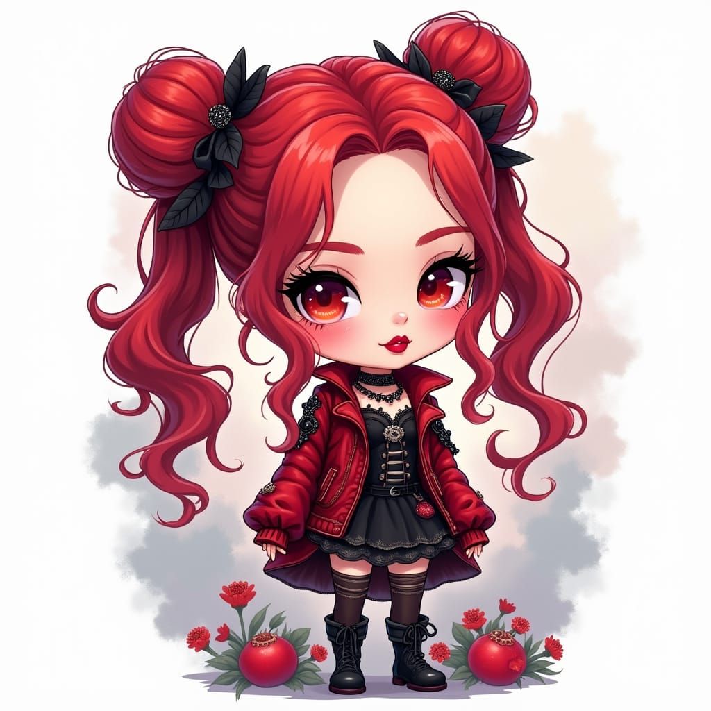 Gothic Chibi Goddess in Vibrant Red and Black - AI Art