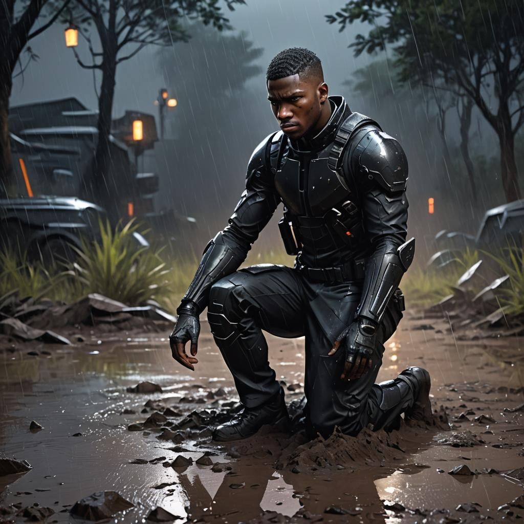 Digital painting of a strong grieving black male Futuristic rebel in ...