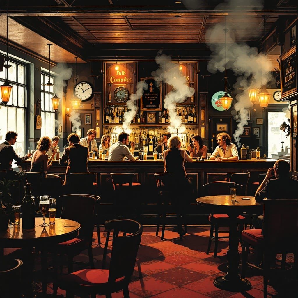 Warm Northern Pub Scene in 1970s Style - AI Art