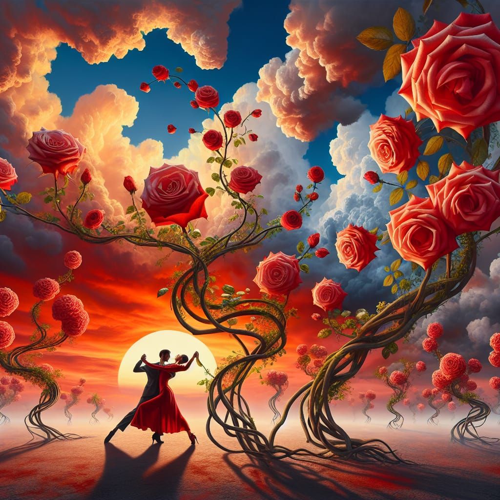 Masterful Surrealism. The branches of the beautiful red climbing roses ...