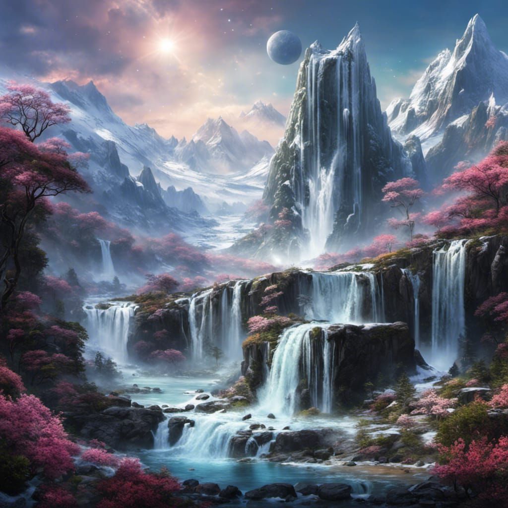 Snow and ice on mountains on an alien planet with cascading waterfalls ...
