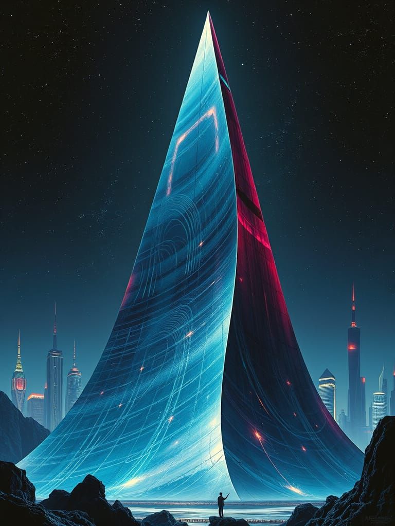 Curved and twisted pyramid, tall, futuristic, sci-fi