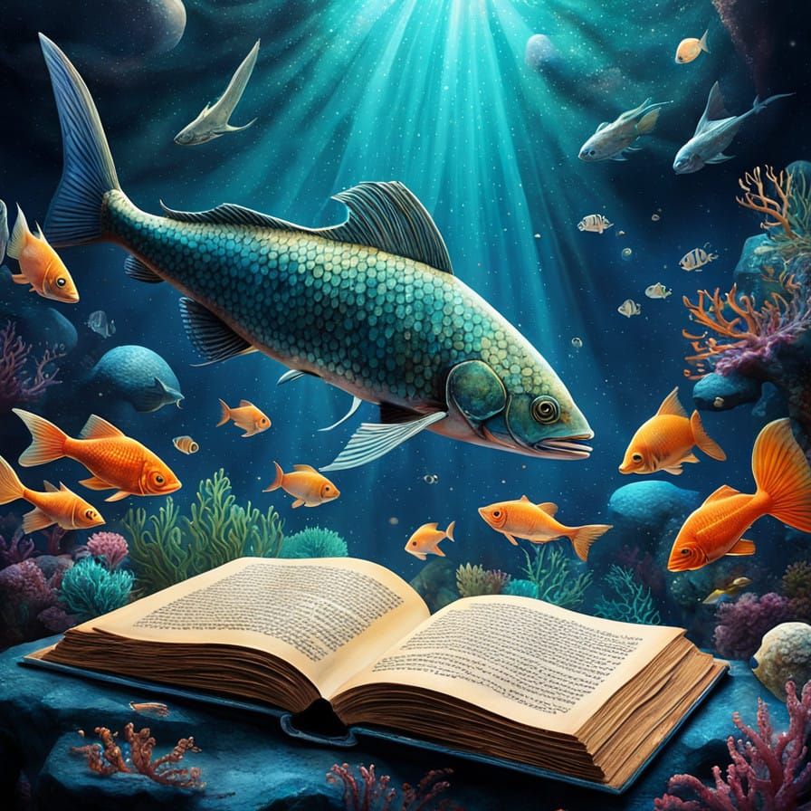 Ancient Oceanic Library with Glowing Fish and Seaw... - AI Art