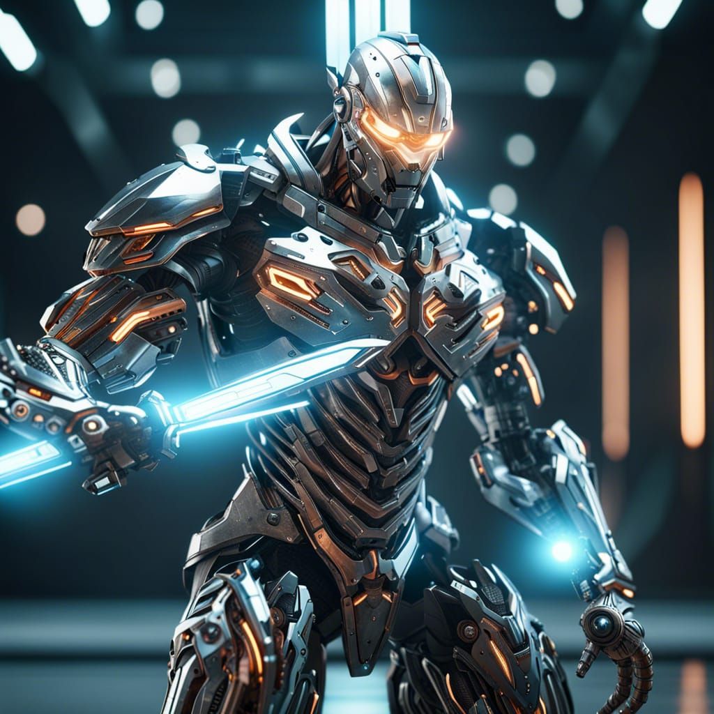 huge intimidating muscular cyborg with glowing sword parrying a sword ...