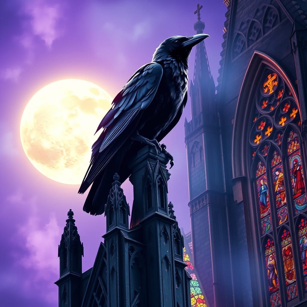 Gothic Cathedral Crow in Ethereal Moonlight - AI Art