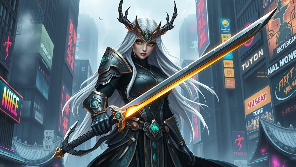 Aasimar deer-woman, equipped with a shimmering curved katana brimming power, clad in intricately ...