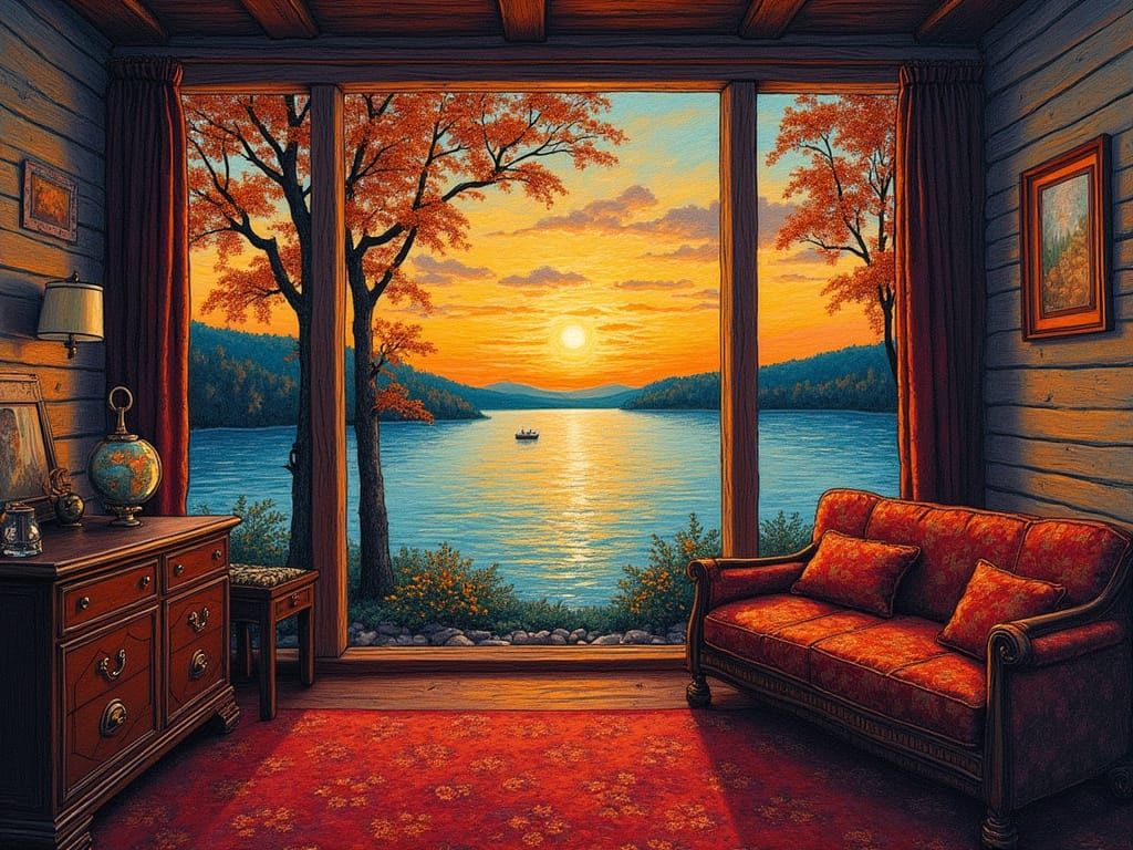 georges seurat dot painting. the interior of a well-appointed cabin on ...