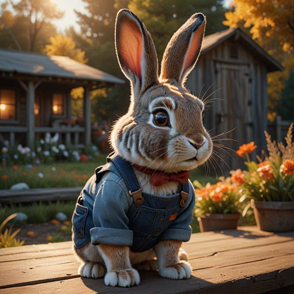 Pixar-Style Rabbit Stands on Wooden Porch Gazing a... - AI Art