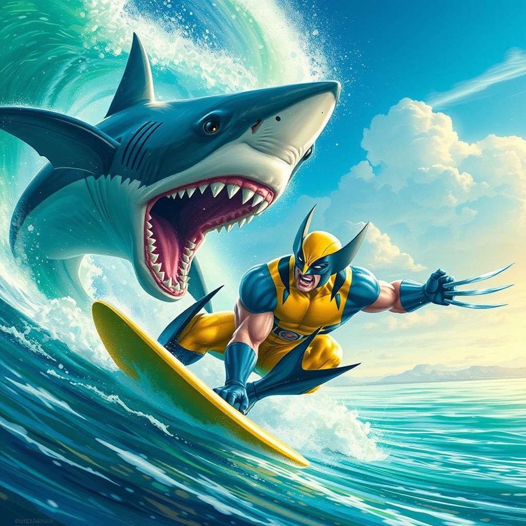 Wolverine Battles Shark in Epic Coastal Surf Scene - AI Art