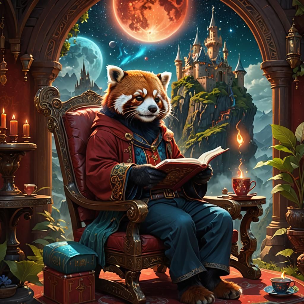 A wizard Red Panda sitting on a red rocking chair, drinking some tea ...