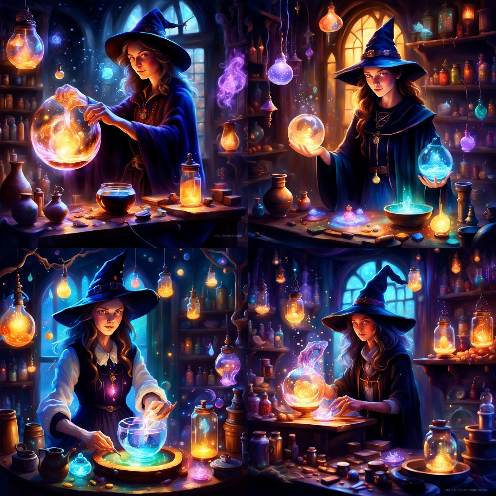 A beautiful witch in her shop playing with lights and water, Magical ...