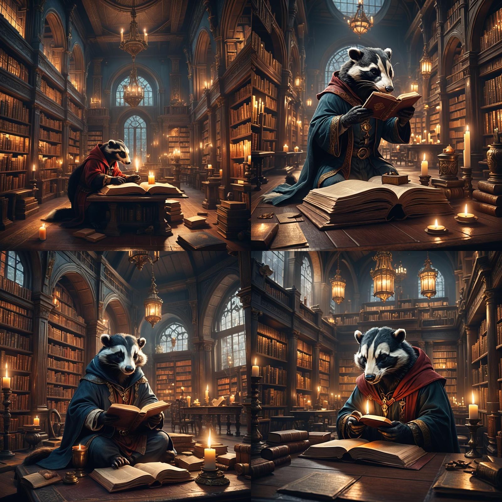 A badger mage studying a large book in candle light inside a library ...