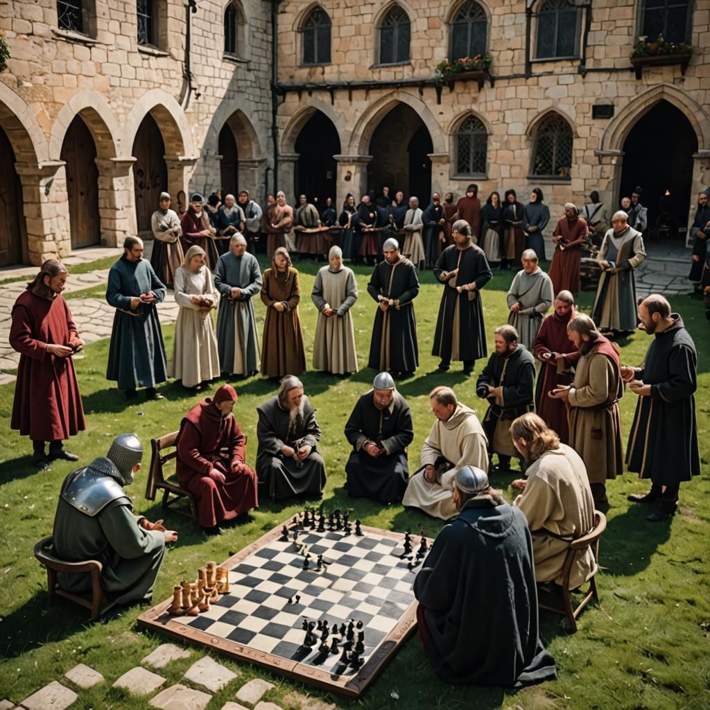A game of living chess being played in A medieval backyard in the ...