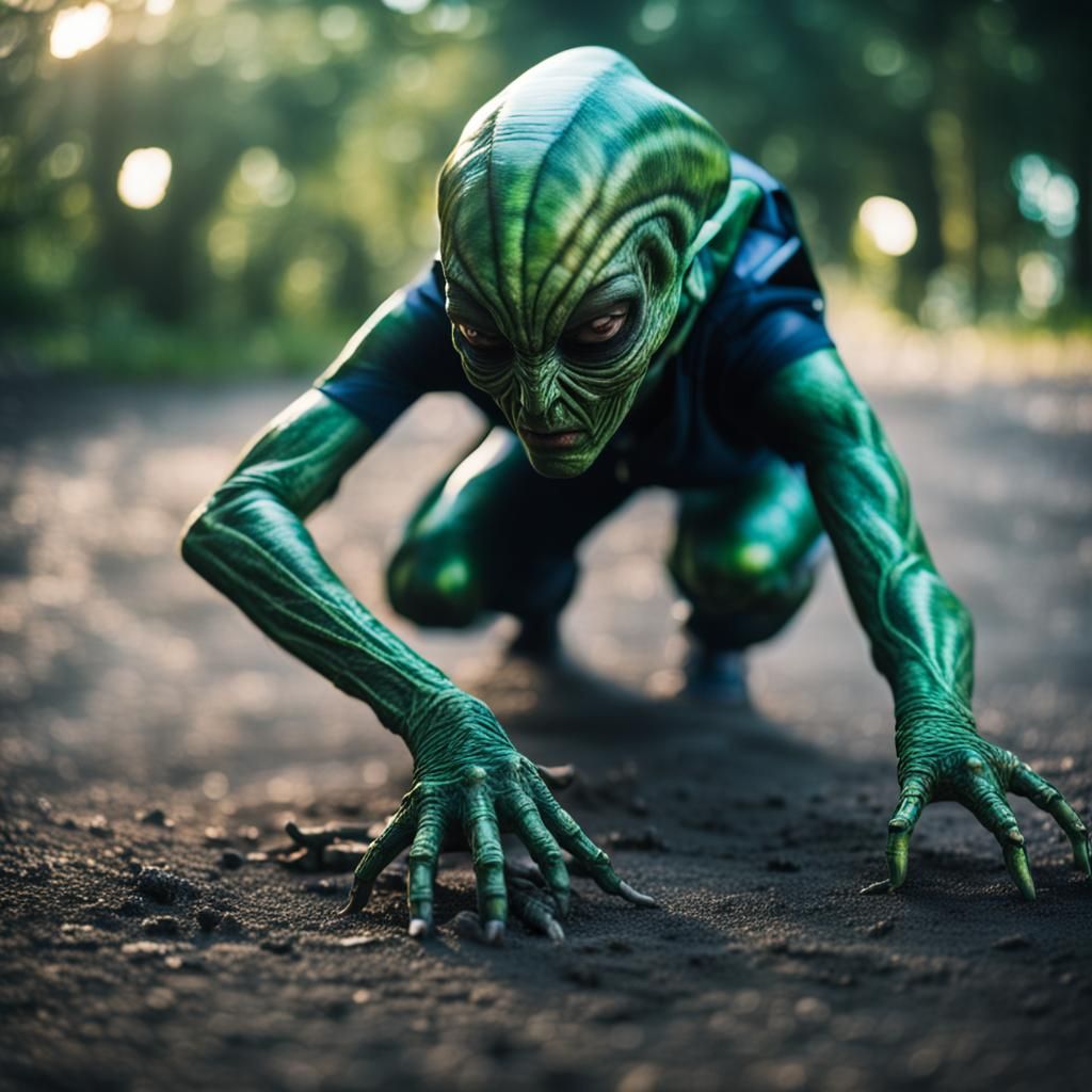 A woman slowly transforms into an alien while crawling on the ground ...