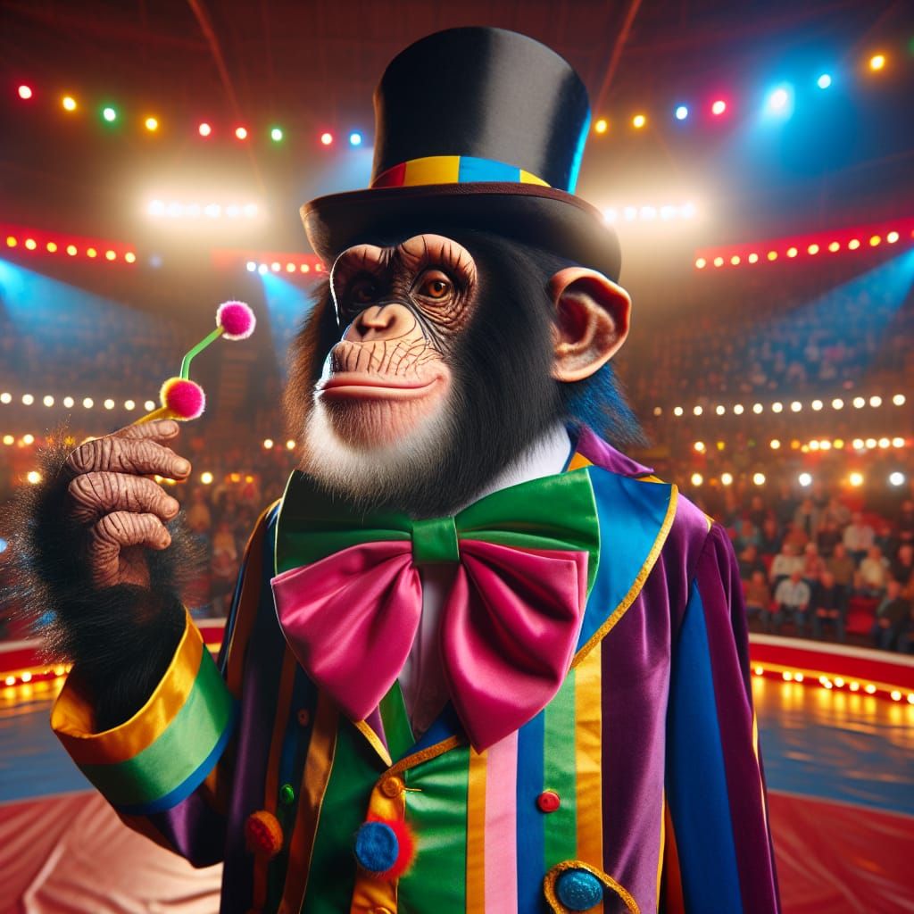 Anthropomorphic Chimpanzee dressed as a clown, in colorful costume in a ...