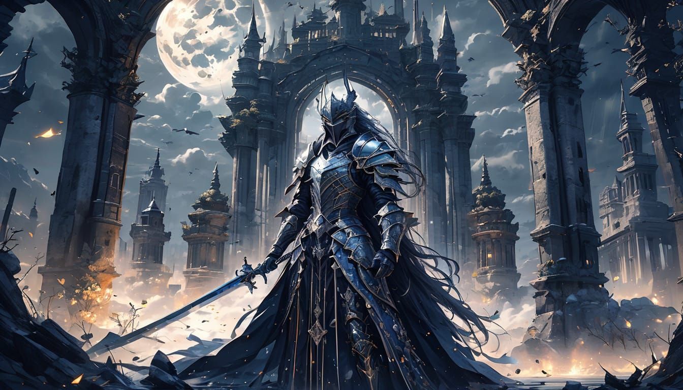 A lone knight in a ruined citadel of the fallen gods.