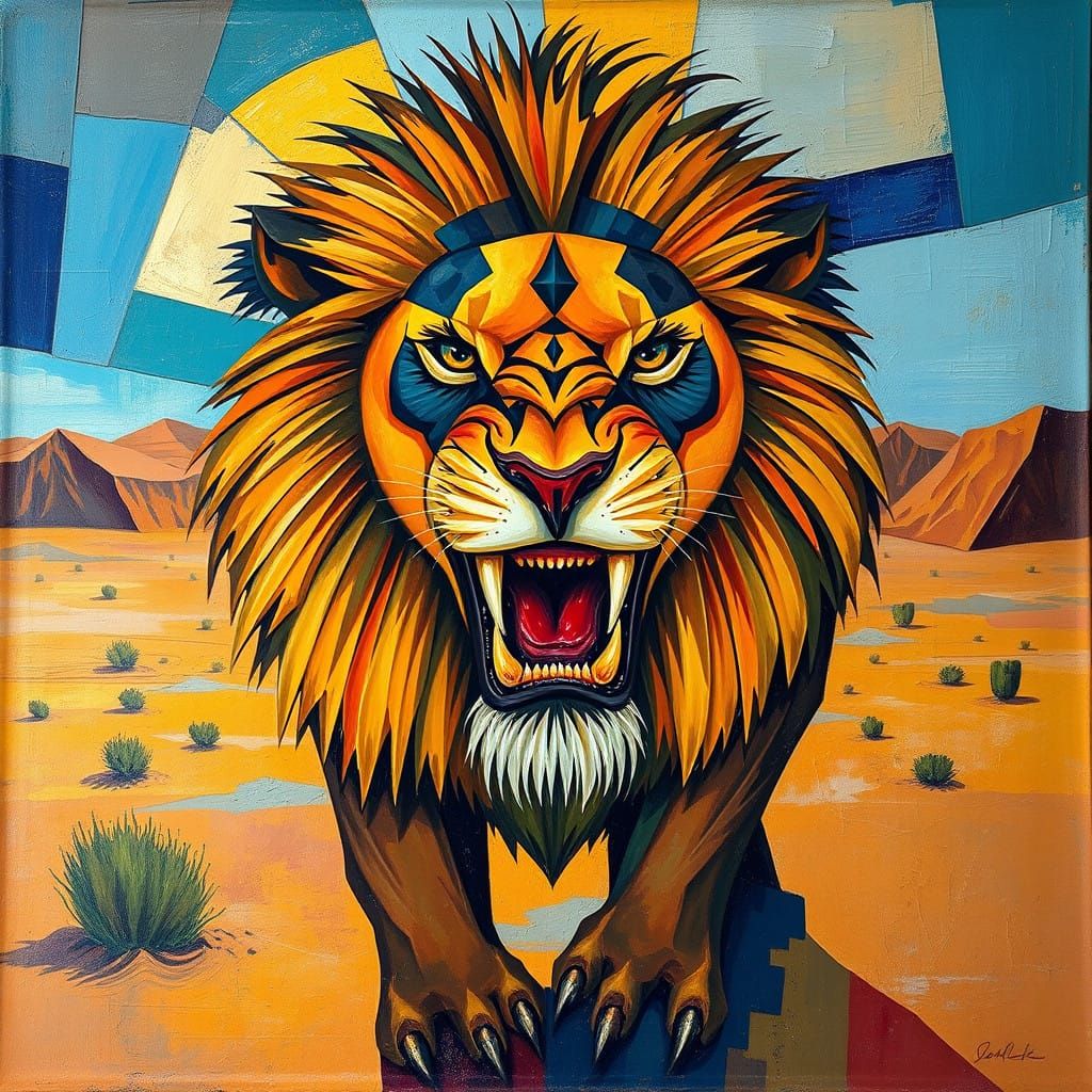 Cubist Lion Roars in Vast Desert Landscape - AI Art