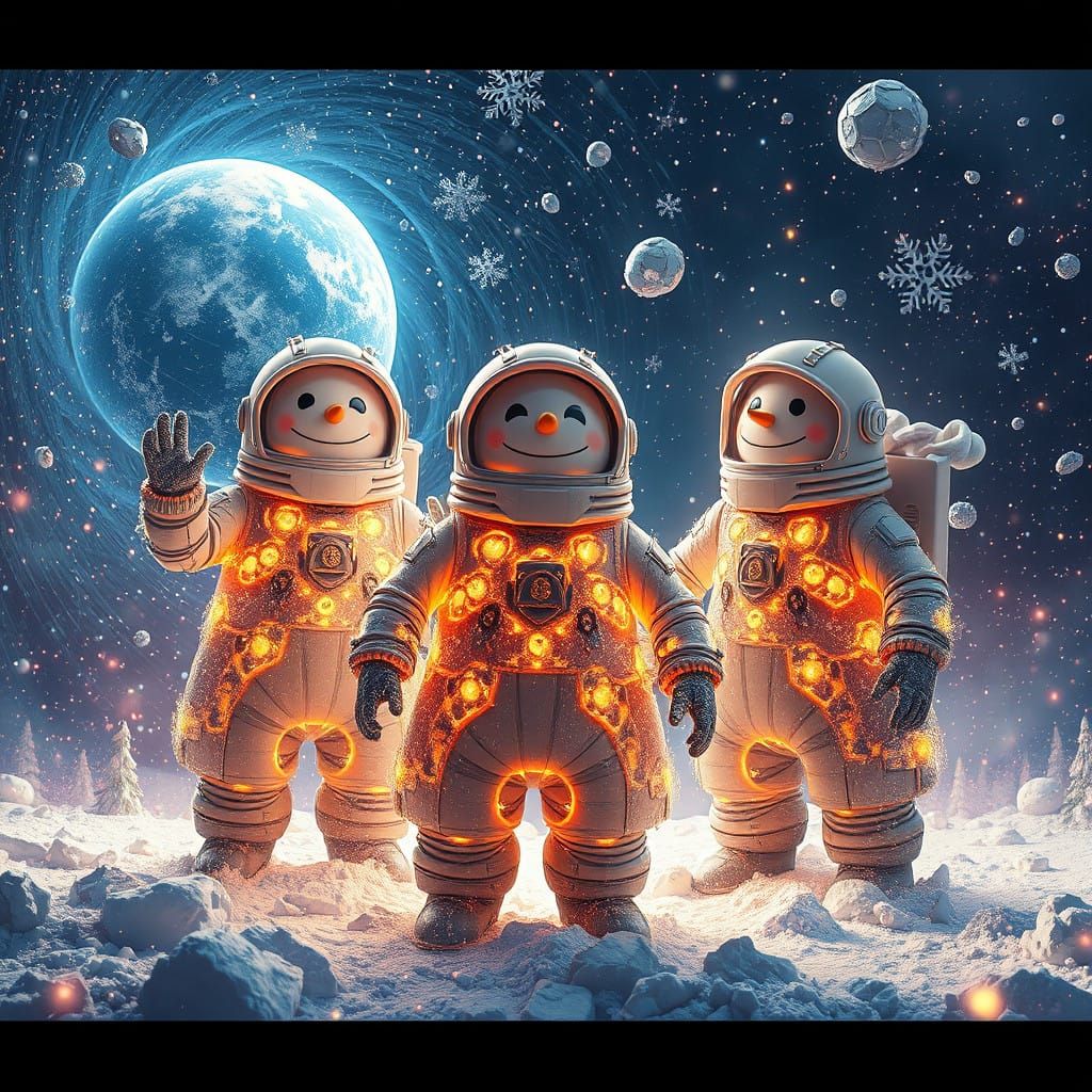 Snowmen in space - Vibrant Space Suits on Glowing Snowmen in...