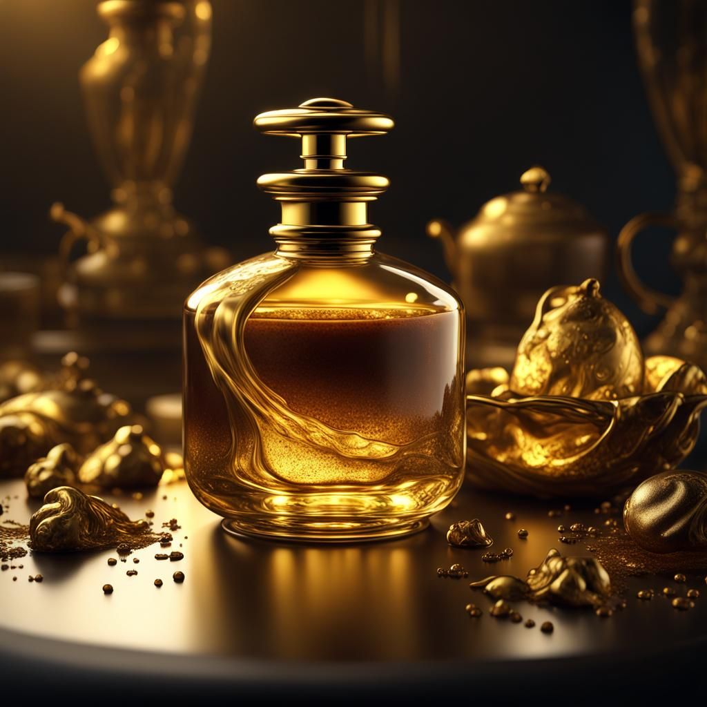 Mysterious gold theme perfume glass and yellow Clear oil bottle in the ...