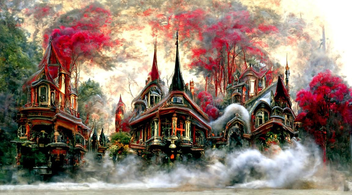 Strange Horror House Blood Red and Smoke Black Art Nouveau Architecture ...