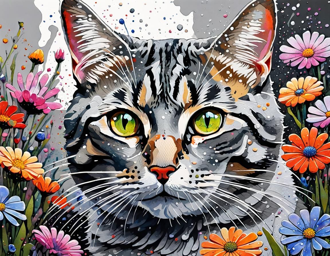 Grey tabby Cat, wandering in flower wonderland, - AI Generated Artwork - NightCafe Creator
