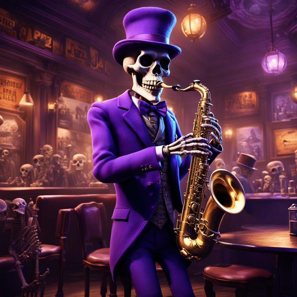 Skeleton playing a saxophone. - AI Generated Artwork - NightCafe Creator