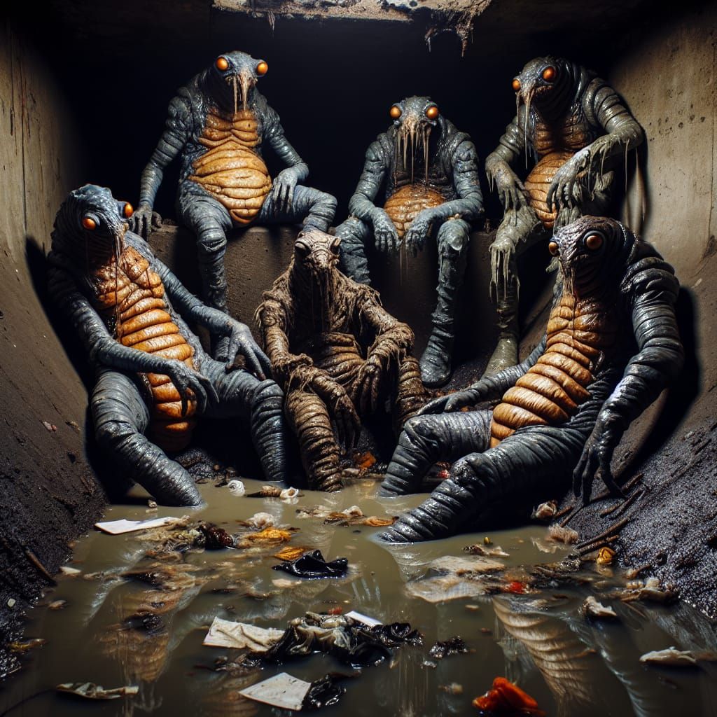 anthropomorphic roach slugs hanging out together in the sewer - AI ...
