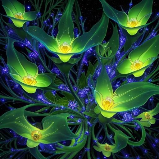 Transparent bioluminescent fractal plants. Luminous opalescent ...