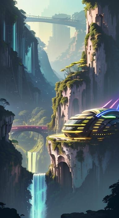 Solarpunk cliffside waterfall cityscape vibrant neon color tone