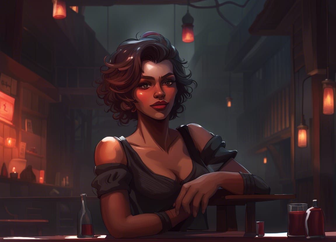 Ebony Ember Demoness Amidst the Bar's Ambience - AI Generated Artwork - NightCafe Creator