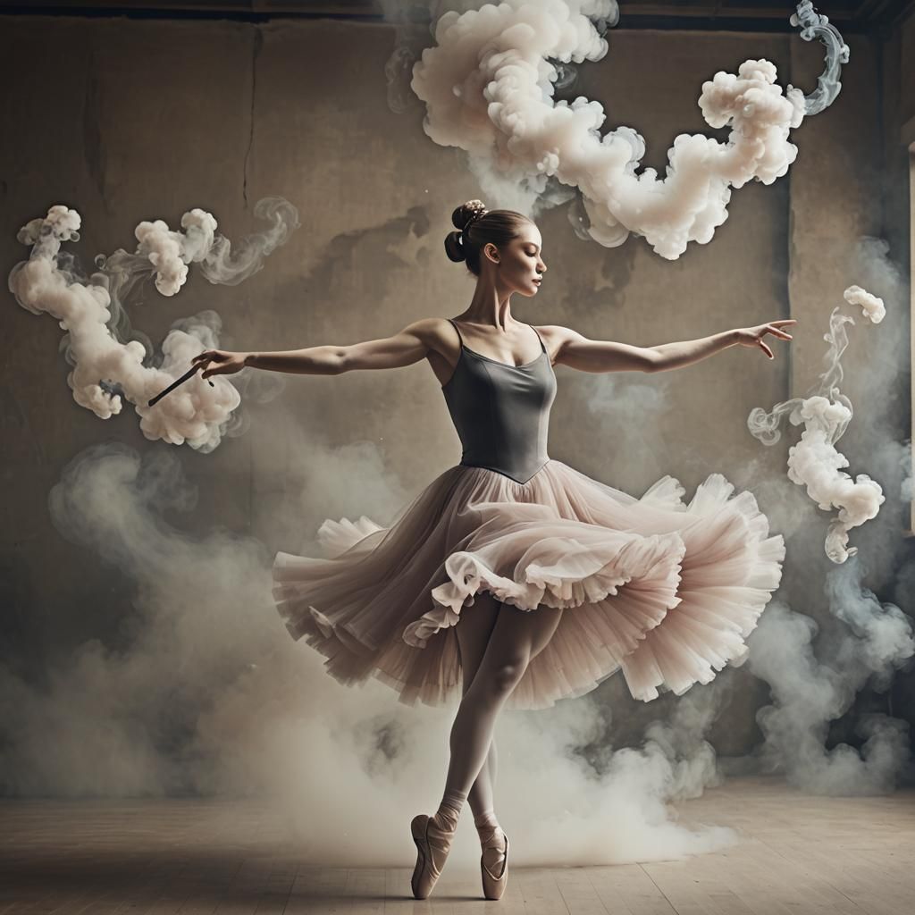 Eclectic Surrealist Fusion of a ballerina spinning and billowing smoke