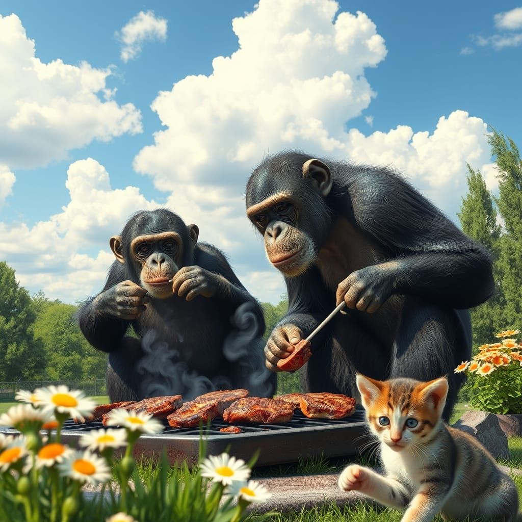 Let's Eat - Chimpanzees Enjoying a Sunny Backyard BBQ