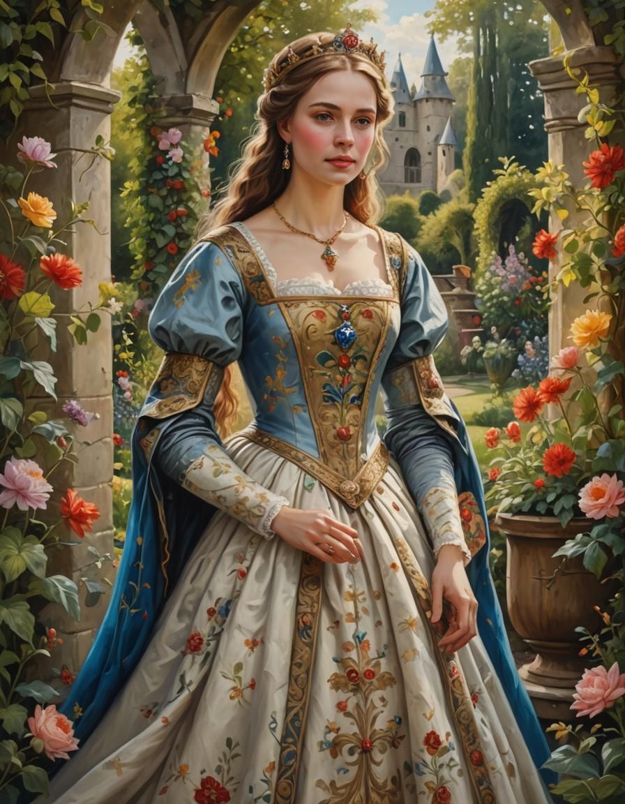 A beautiful young Queen In a medieval dress in a garden, full of joy ...