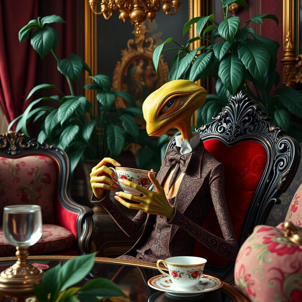 Anthropomorphic tomato-alien drinking tea