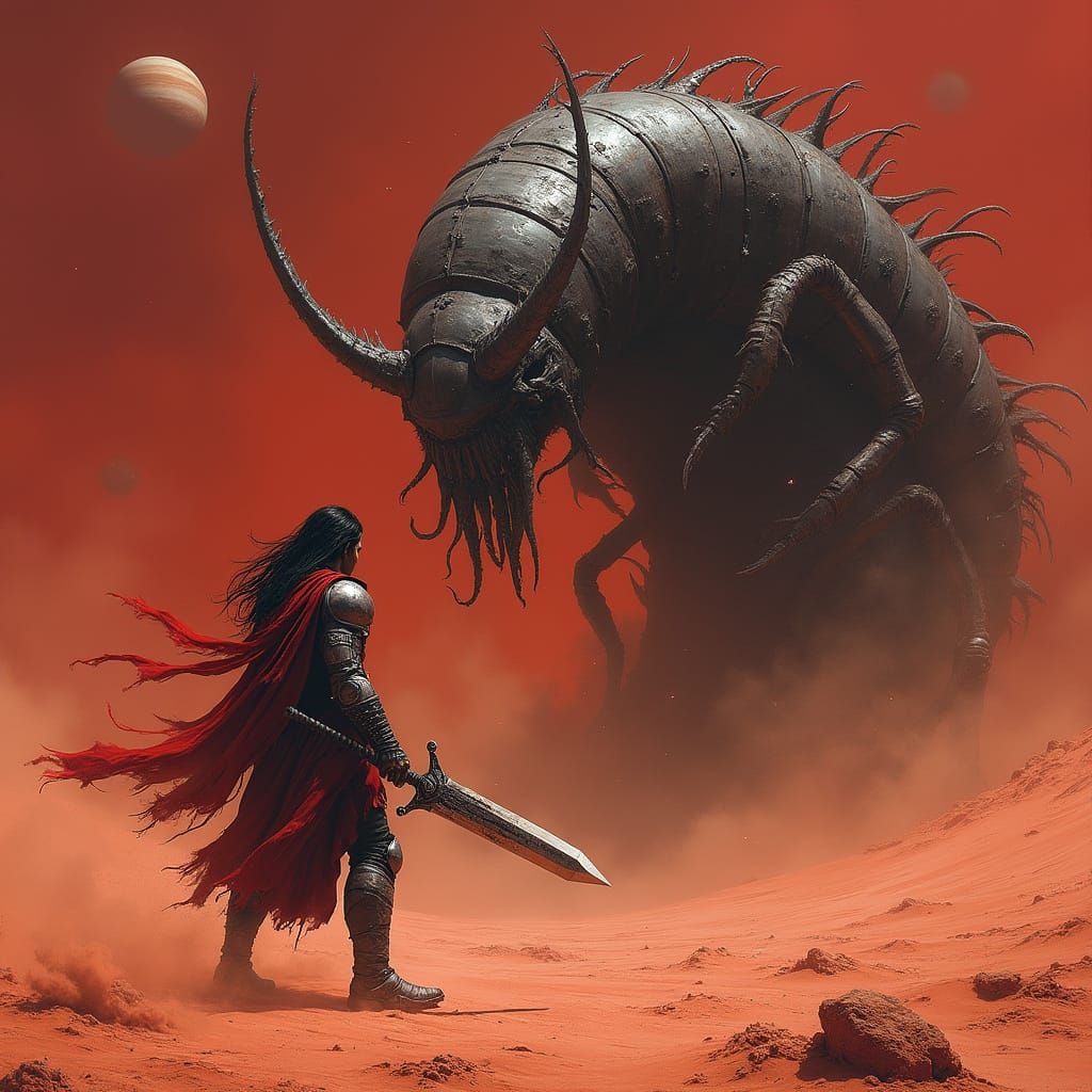 Dark Warrior Battles Metallic Worm-Beetle in Crims... - AI Art