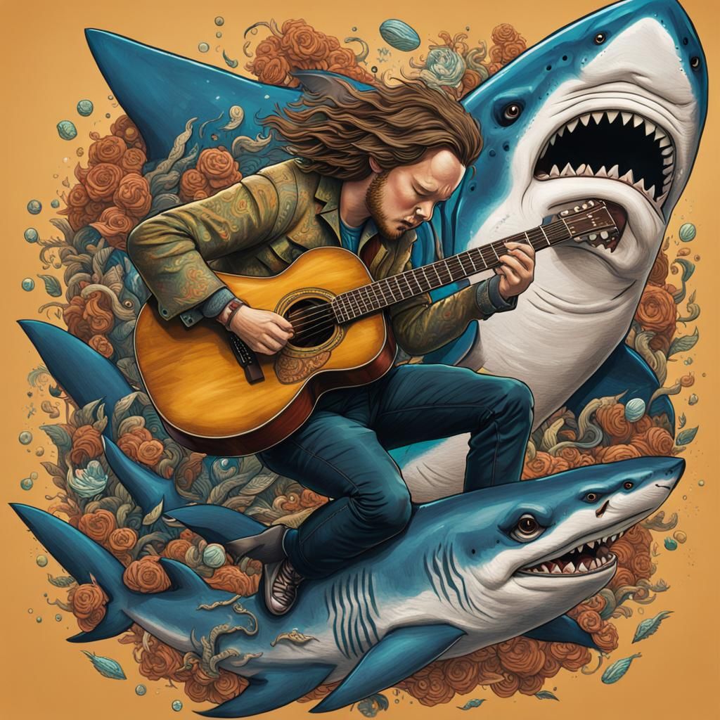 Billy strings riding a shark and playing a guitar while headbanging ...