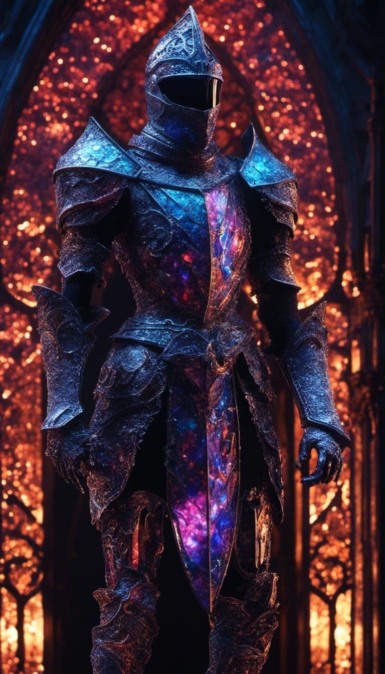 A gothic, medieval, very slender knight made of bioluminescent mica ...