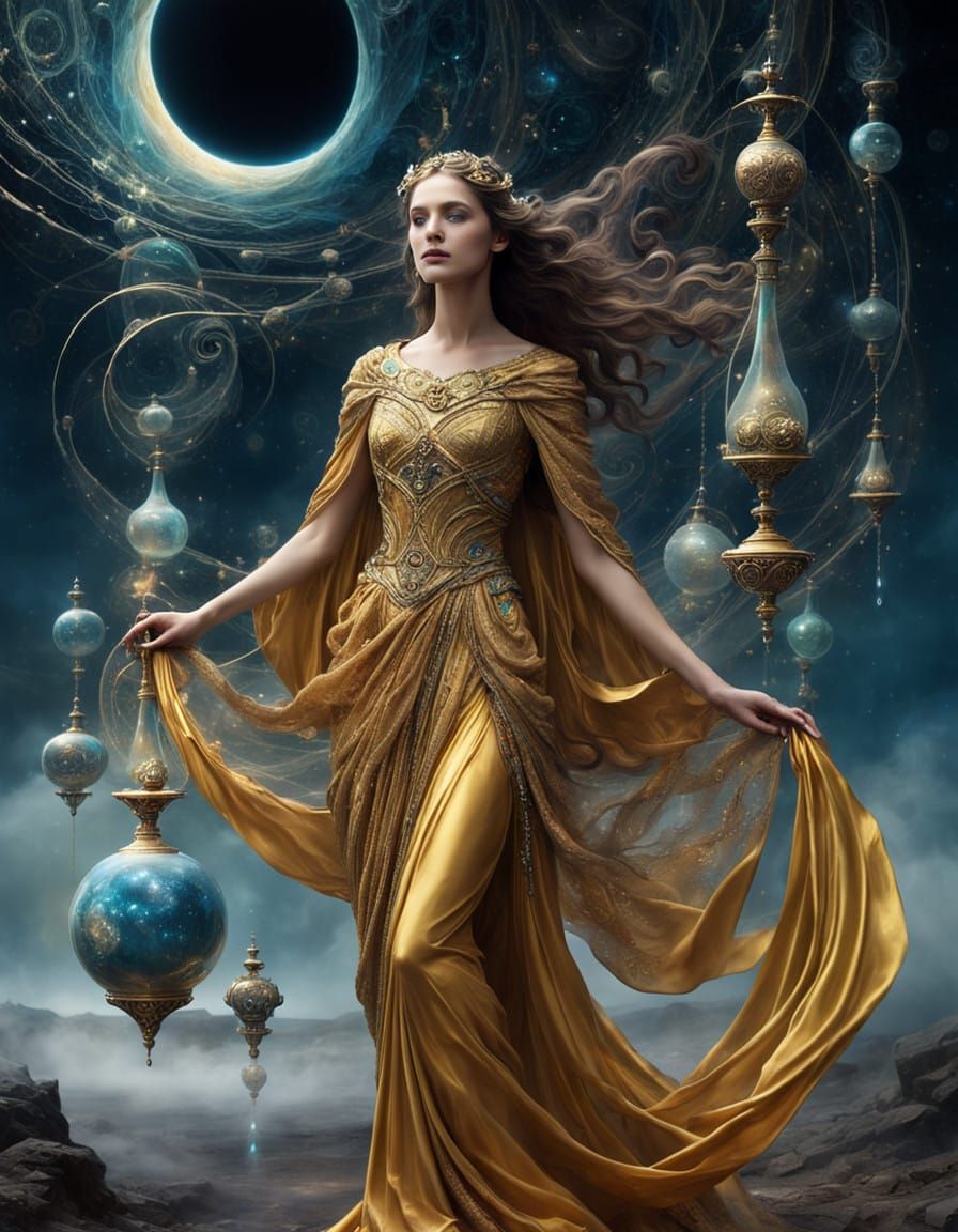 Ethereal Infinity Goddess, draped in a resplendent golden gown with ...