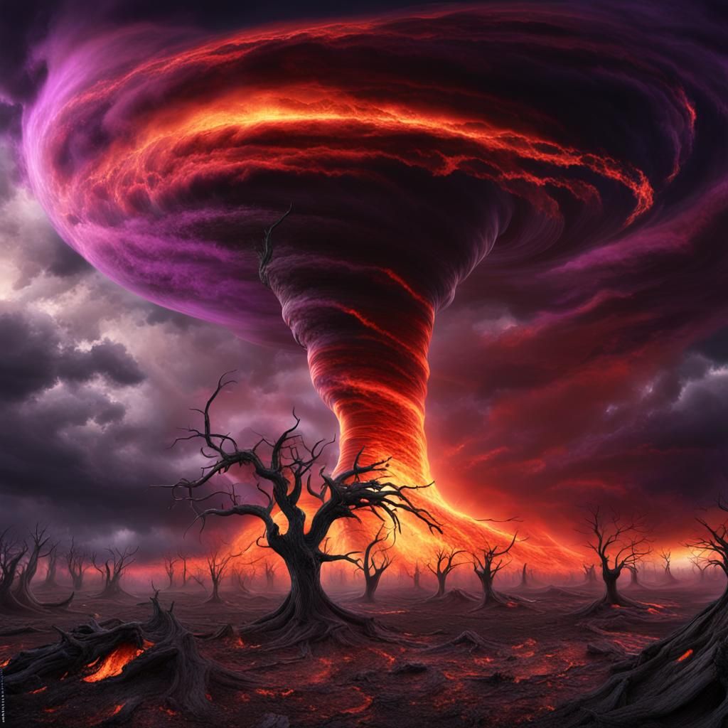 A breathtaking 3D render of a tornado, swirling with vibrant colors of ...