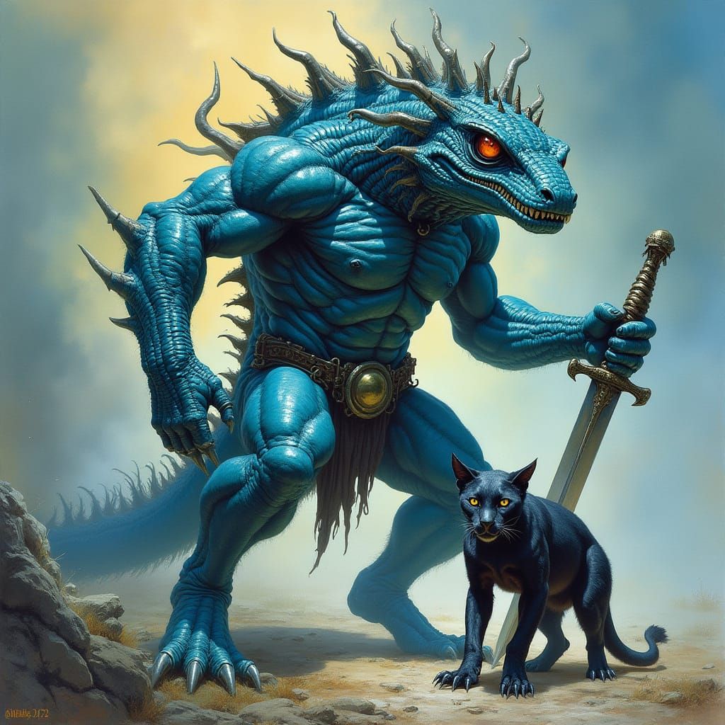 An evil humanoid lizardman, with blue scales. His wears a crown shaped ...