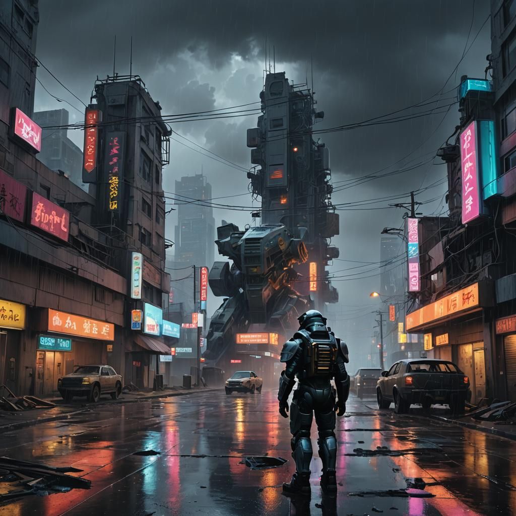magic landscape photograph of a desolate cyberpunk abandoned city ...