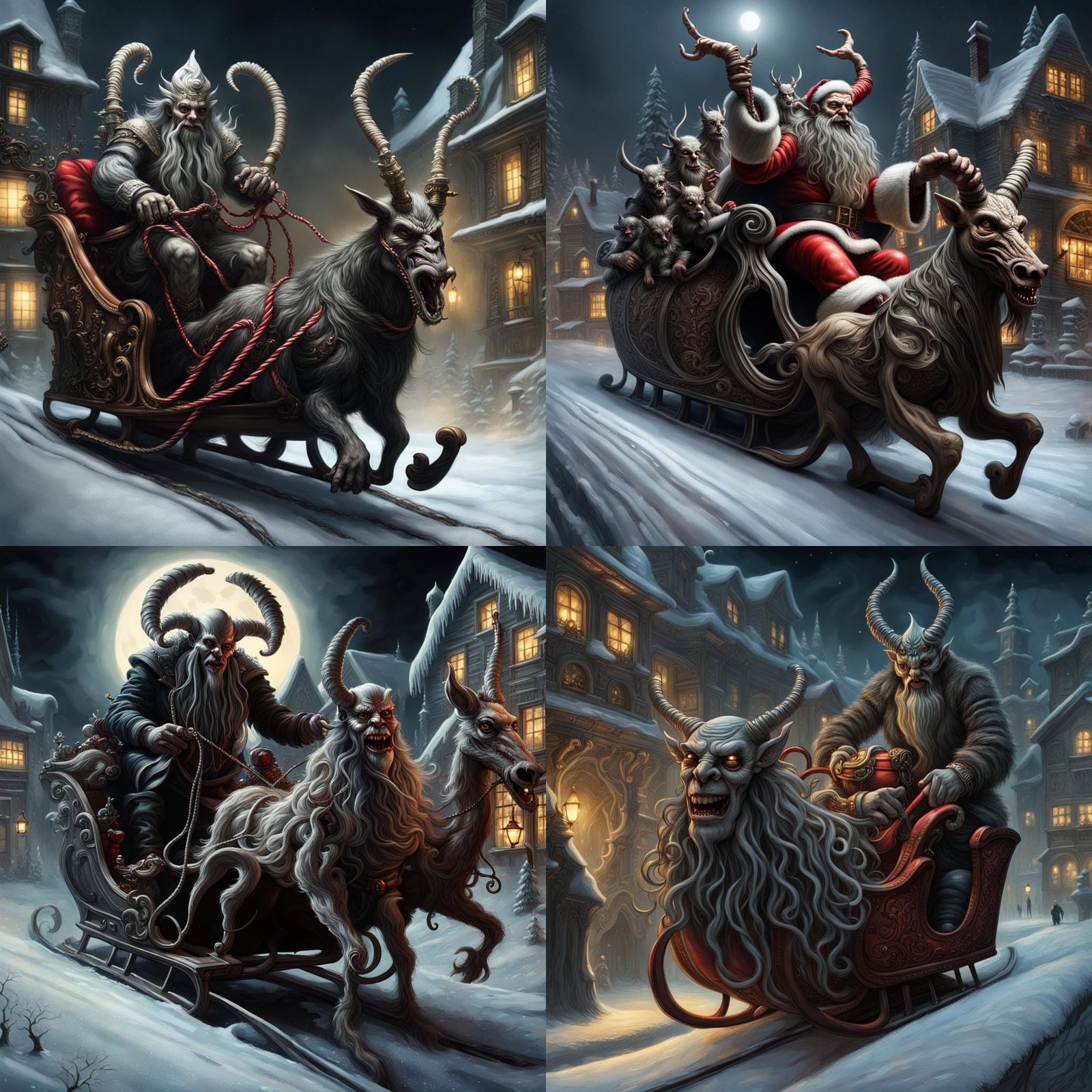 Krampus and Santa Claus riding in Santa's sleigh with a bag full of ...
